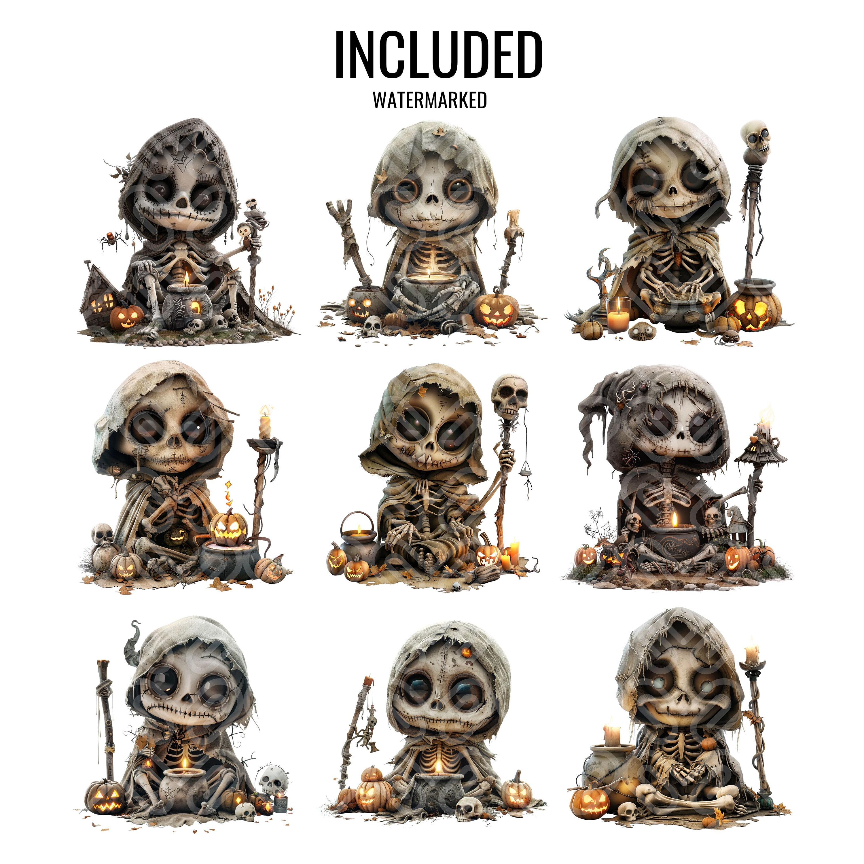 Chibi Halloween Skeletons Clipart - Cute Spooky Skeletons, Halloween ...