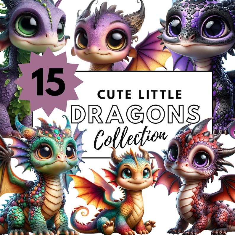 Kawaii Baby Dragon Clipart: Whimsical Cartoon Pngs (digital Download ...