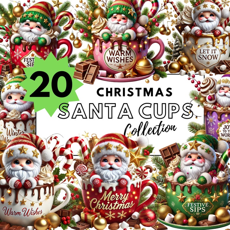 Cute Santa Christmas Cups Clipart - Holiday Hot Chocolate, Festive ...