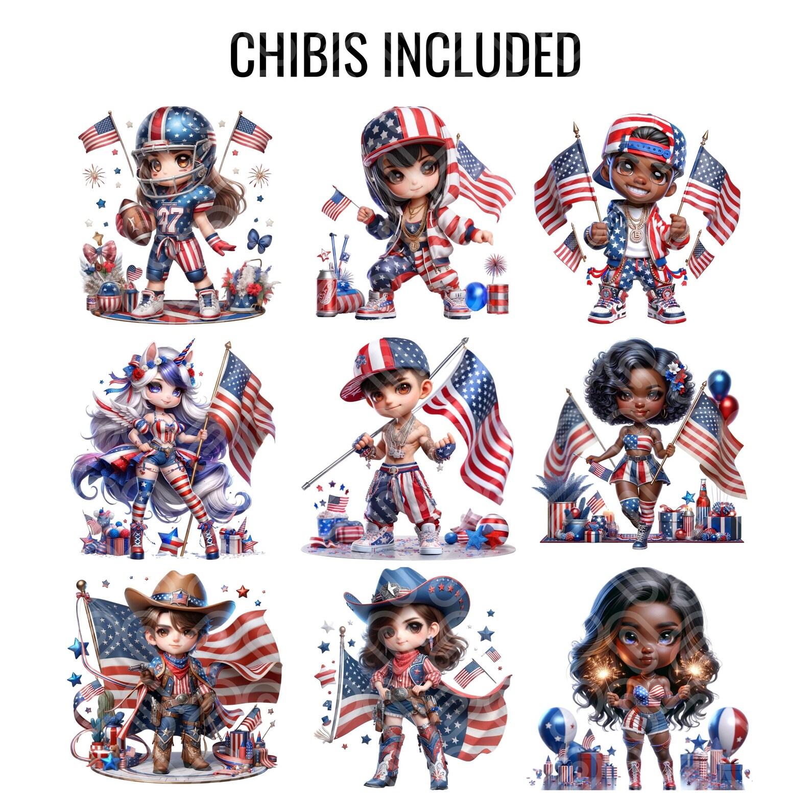 Chibi 4th of July Celebrations Clip Art | 28 Patriotic Chibi Characters ...
