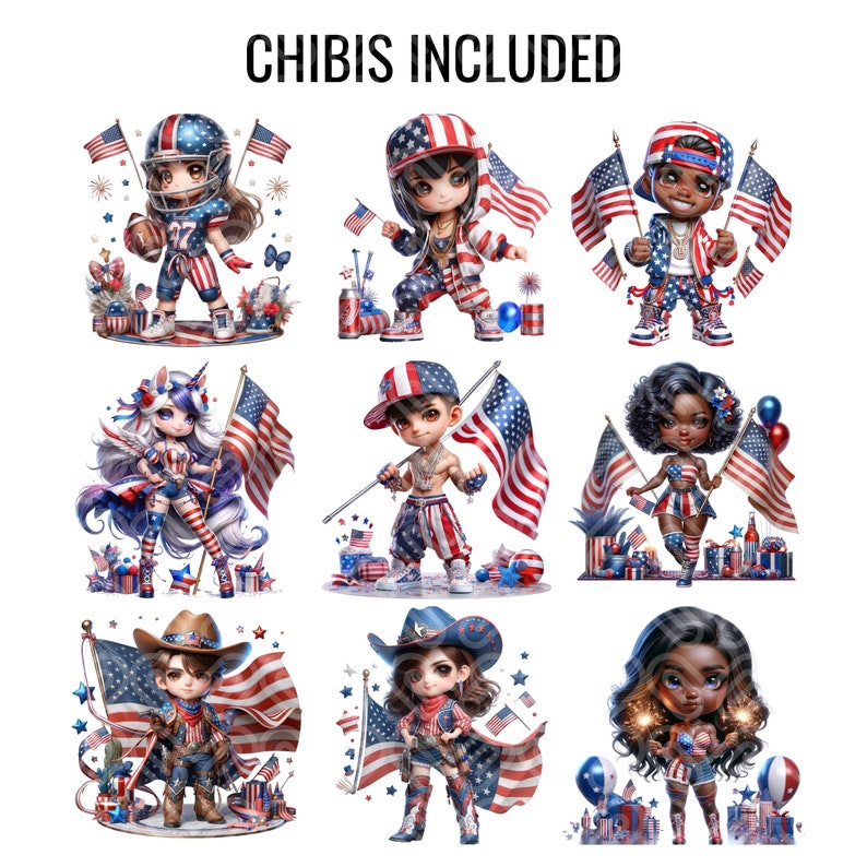 Chibi 4th of July Celebrations Clip Art | 28 Patriotic Chibi Characters ...