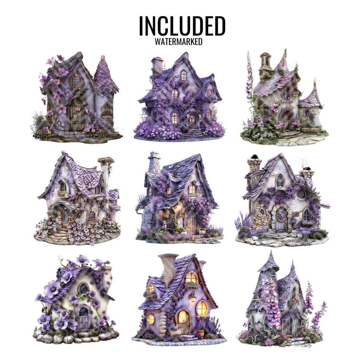 Purple Dream Fairy Houses Clipart - Cute Fantasy Homes, Dreamy Fairy ...