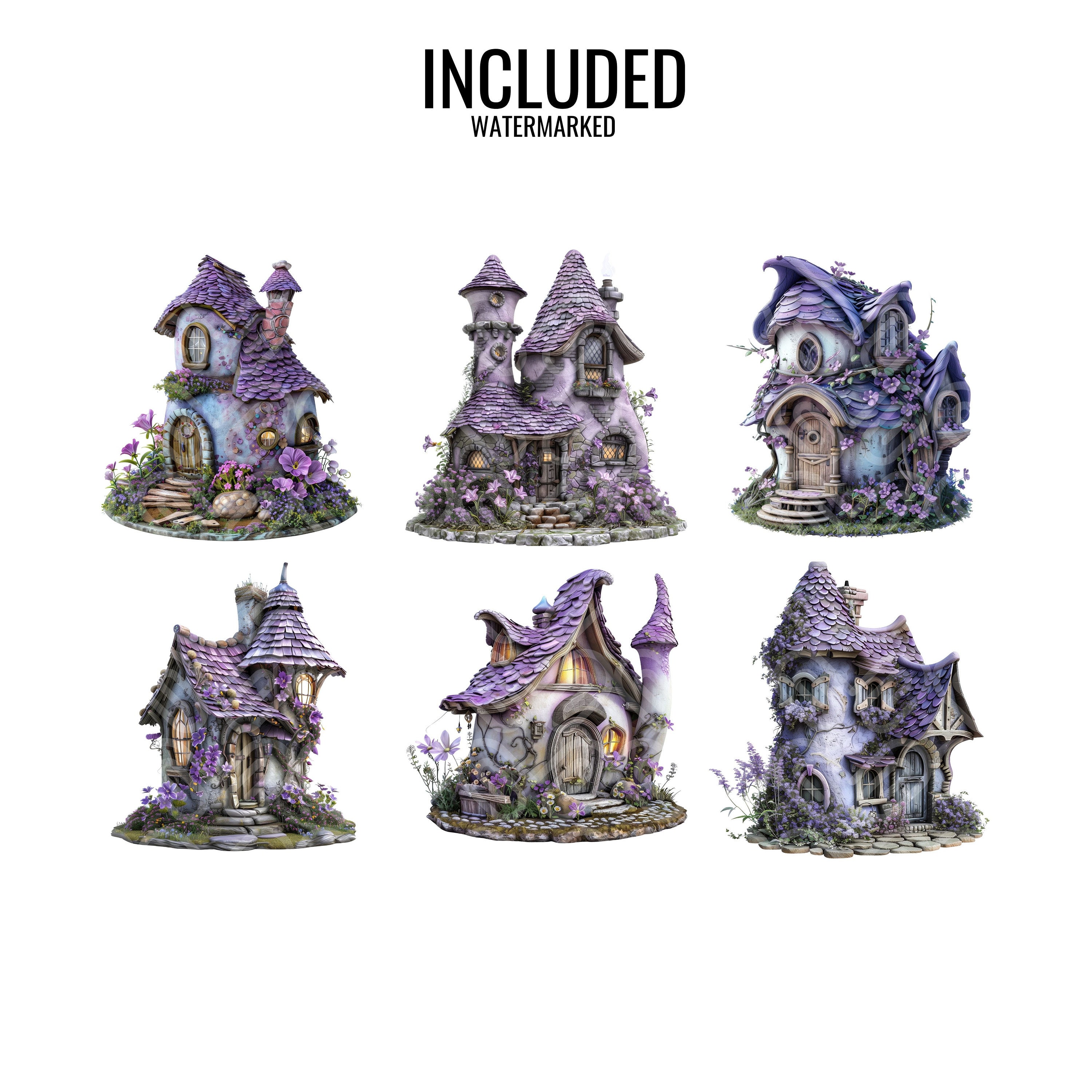 Purple Dream Fairy Houses Clipart - Cute Fantasy Homes, Dreamy Fairy ...