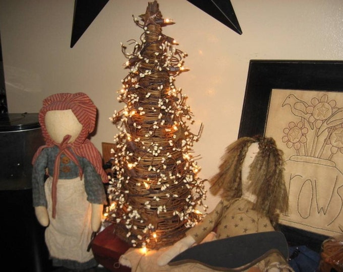 Primitive Grapevine Lighted Tree With Ivory Pip Berries Rusty Stars ...