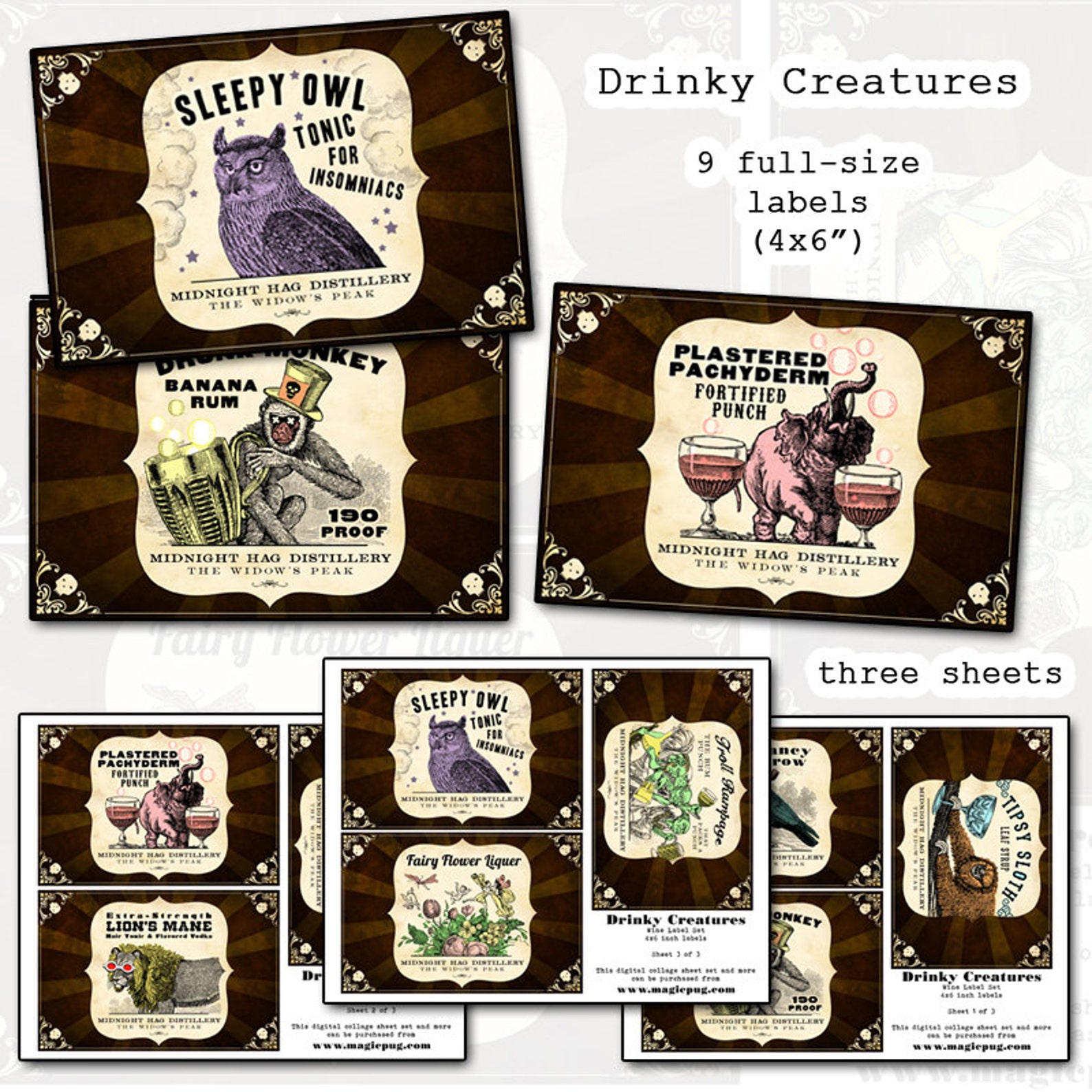 Drinky Creatures Wine Label Digital Collage Sheet Set - Etsy