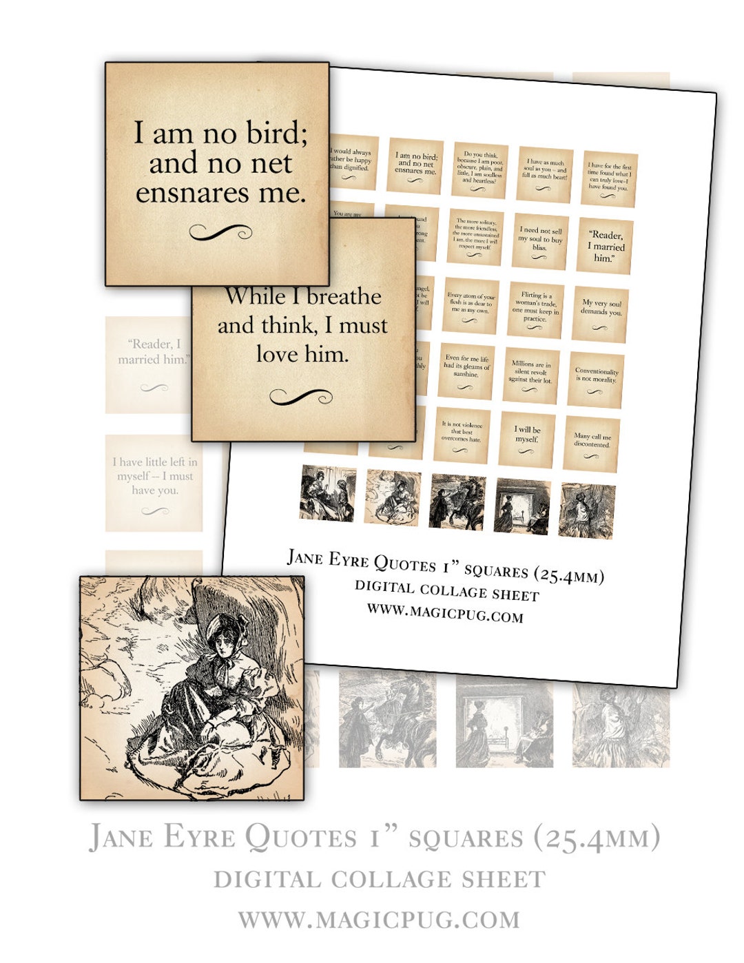 Jane Eyre Quotes Charlotte Brontë 1 Inch Square Digital Collage Sheet ...