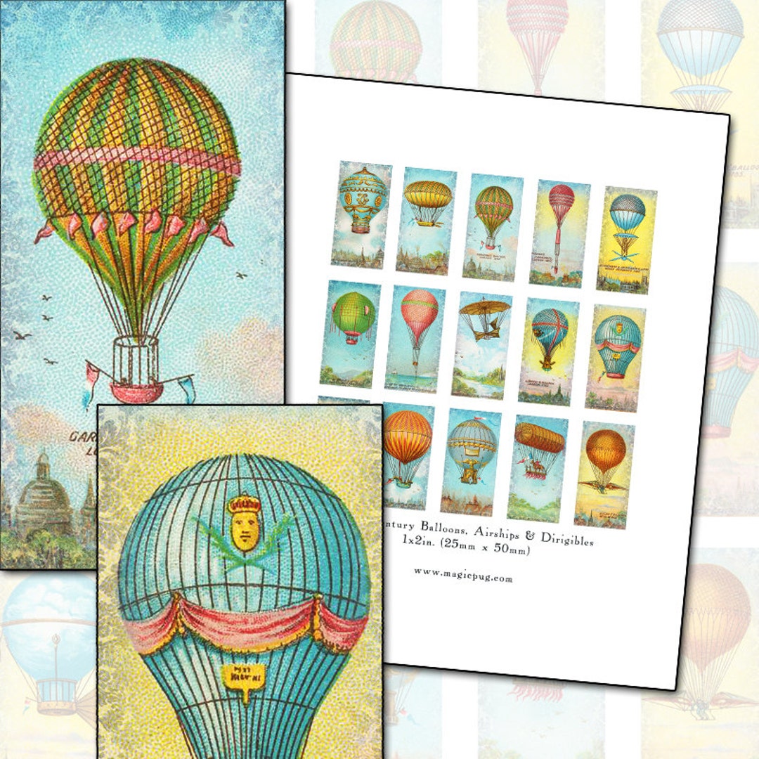 Antique Hot Air Balloons Digital Collage Sheet: 1x2 Inch Domino Tiles ...