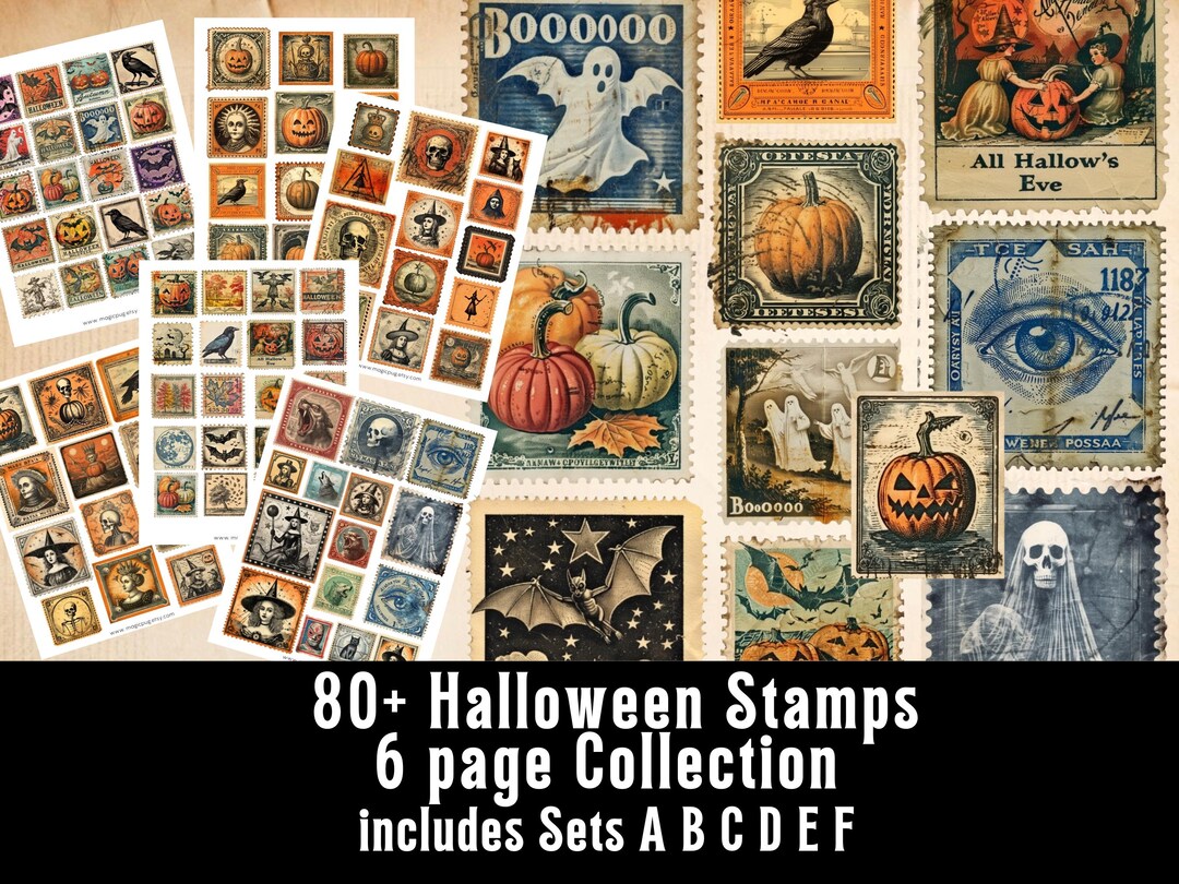 6 Pages! Halloween Postage Stamp Set Archive A - F Junk Journal Fussy ...
