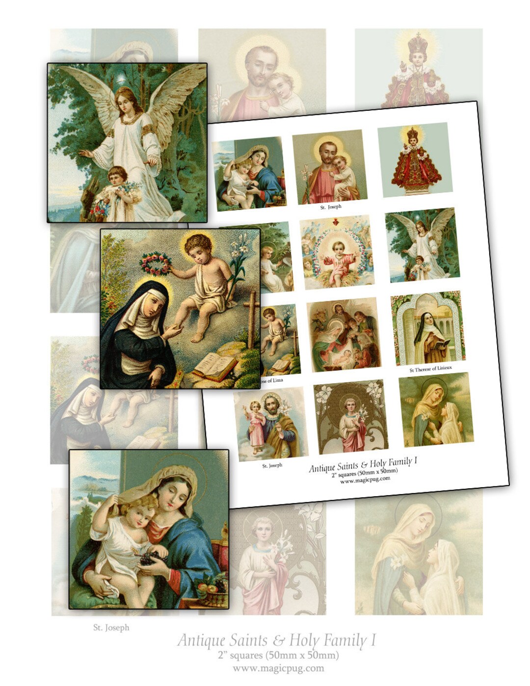 Antique Saints & Holy Family Collage Sheet: 2" Square Images (digital ...