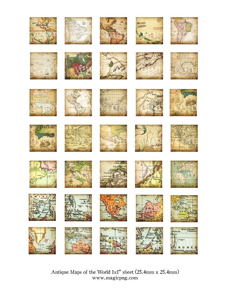 Antique World Maps Digital Collage Sheet: 1-inch Squares (digital ...