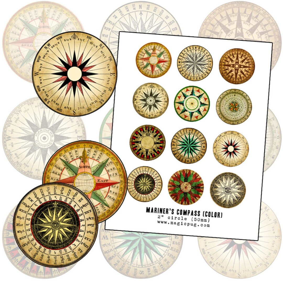 Mariner's Rose Compass Color Digital Collage Sheet 2 Inch Circle Two ...