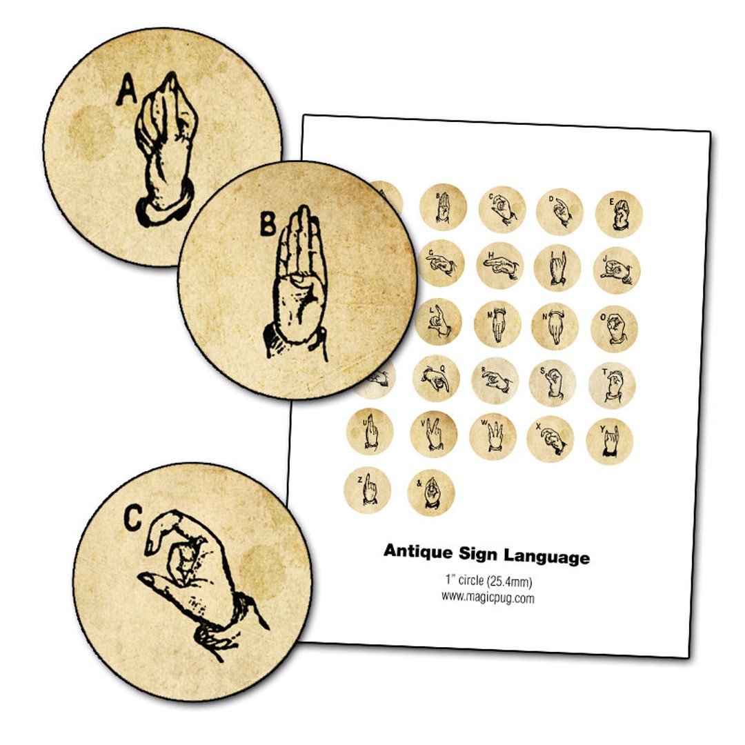 ASL Antique Sign Language Alphabet 1 Inch Circle Digital Collage Sheet ...