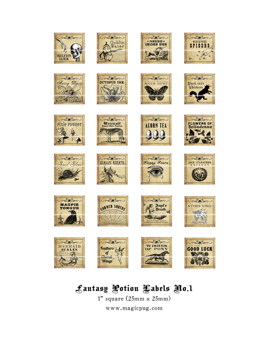 Antique Fantasy Potion Labels 1x1 Inch Digital Collage Sheet - Etsy