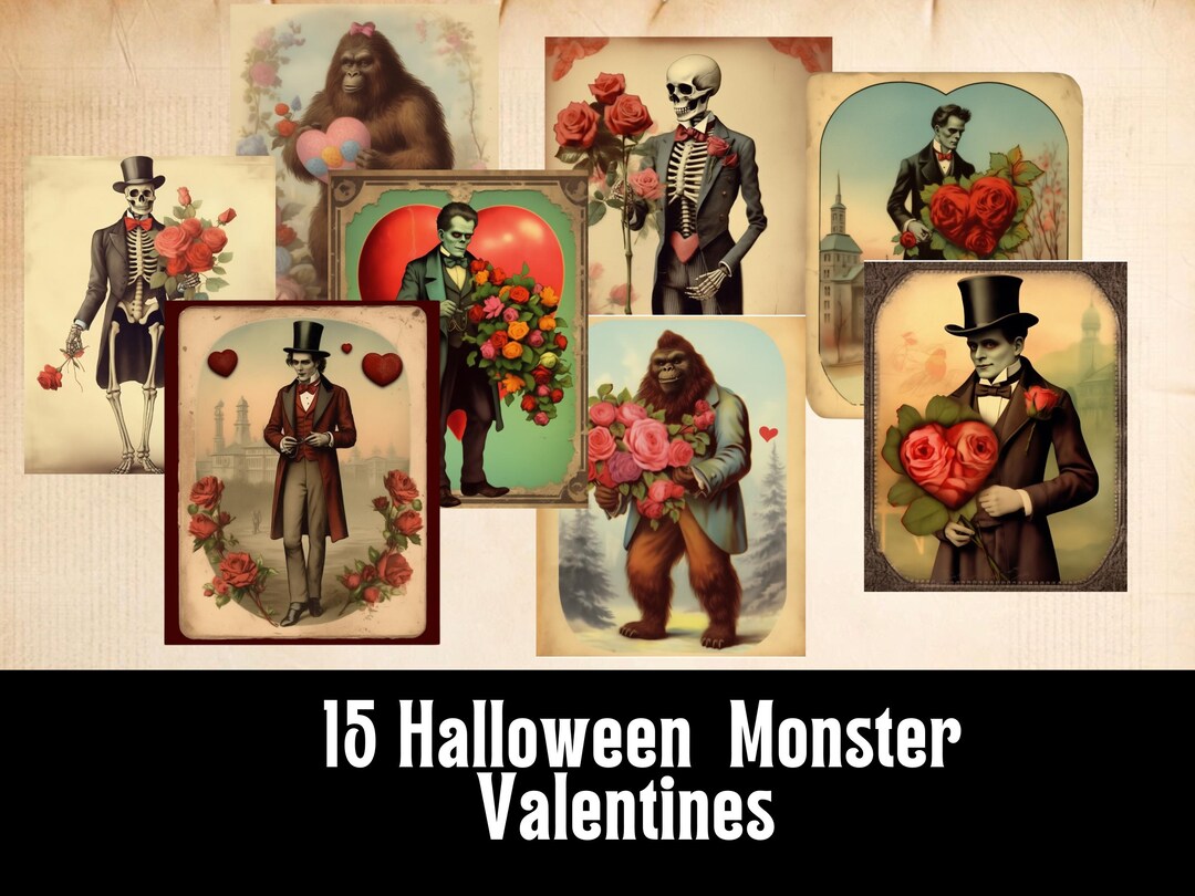 Halloween Monster Valentines Junk Journal Collage Clipart Set Fussy ...