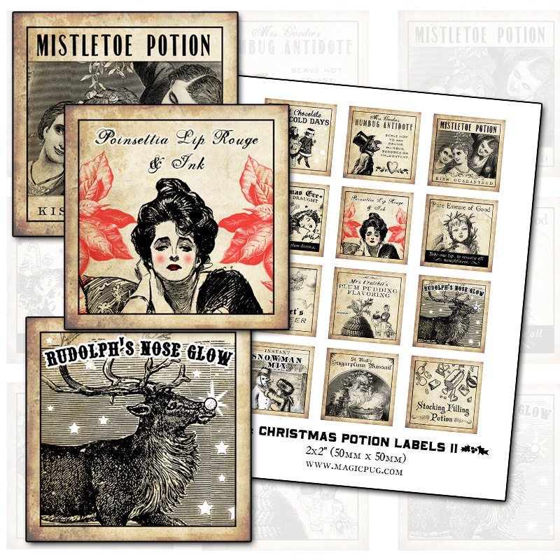 Antique Christmas Potion Labels II 2x2 Inch Digital Collage - Etsy