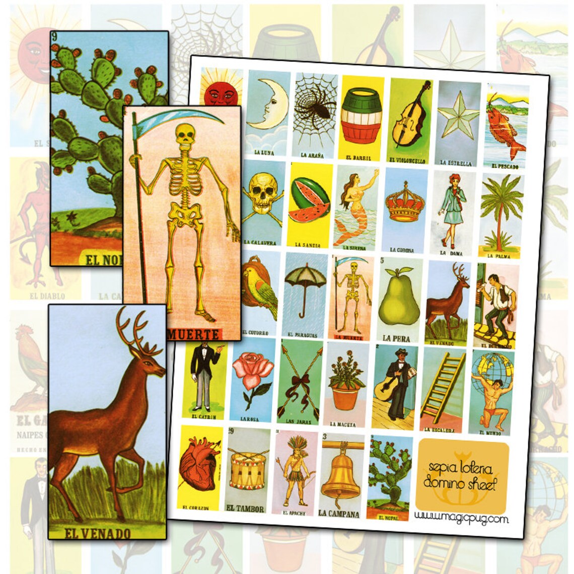 Antique Mexican Loteria Domino Digital Collage Sheet 1x2 - Etsy