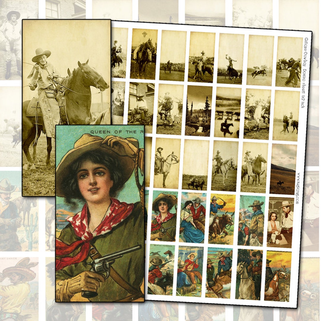 Antique Cowboy & Cowgirl Western Digital Collage Domino Sheet 1x2 25mm ...