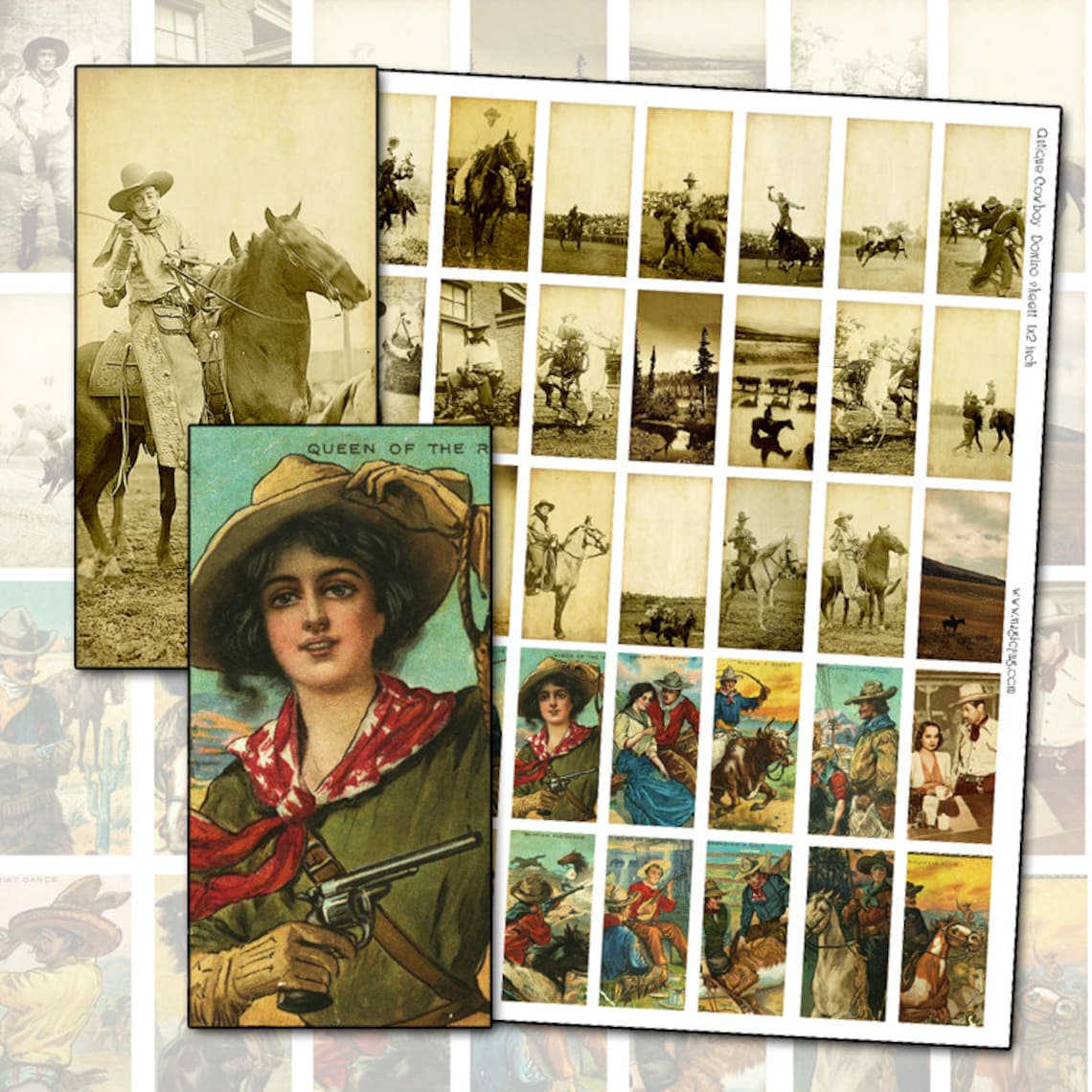 Antique Cowboy & Cowgirl Western Digital Collage Domino Sheet 1x2 25mm ...