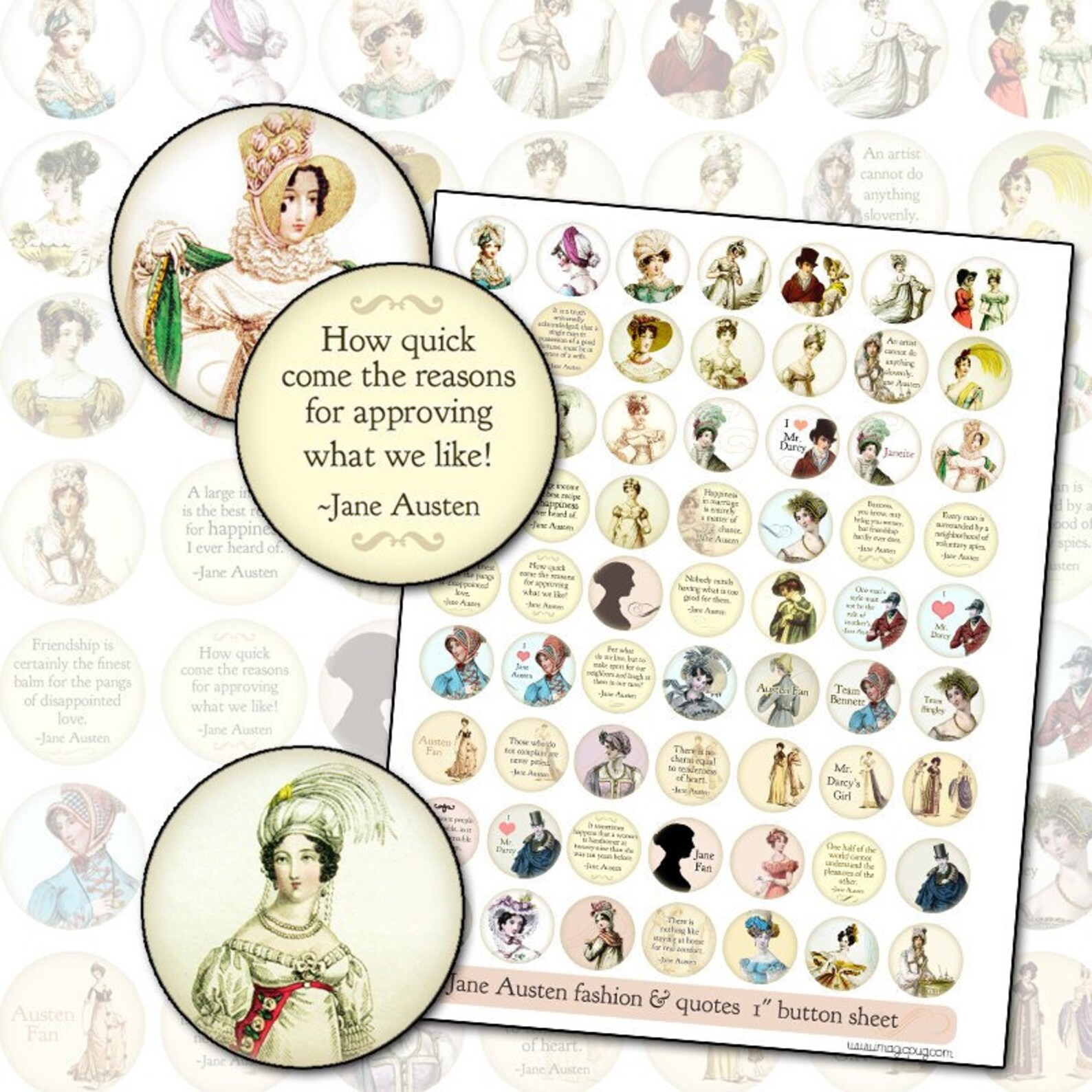 Jane Austen Quotes and Regency Era Fashion 1 Inch 25.4mm Circle Digital ...