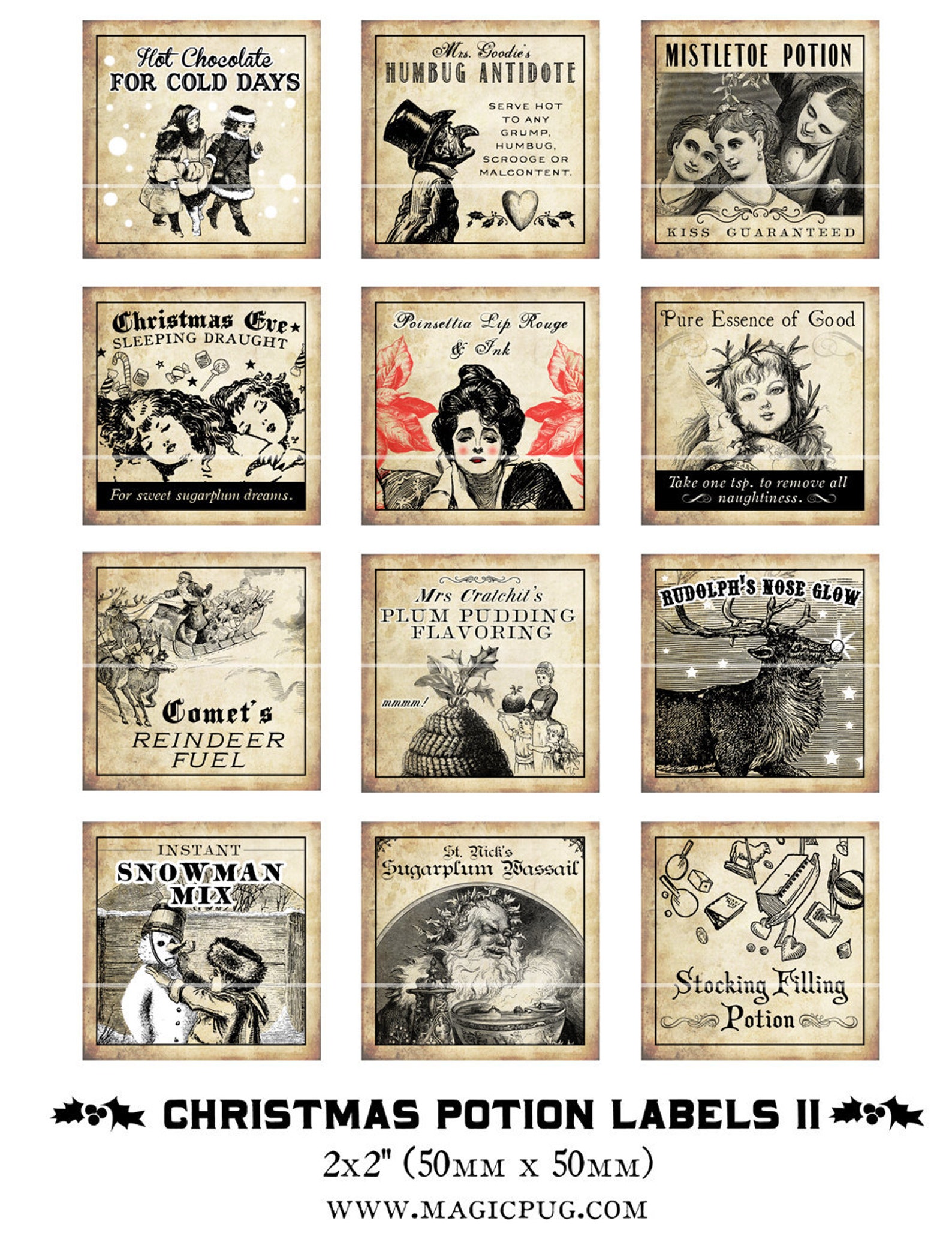 Antique Christmas Potion Labels II 2x2 Inch Digital Collage - Etsy