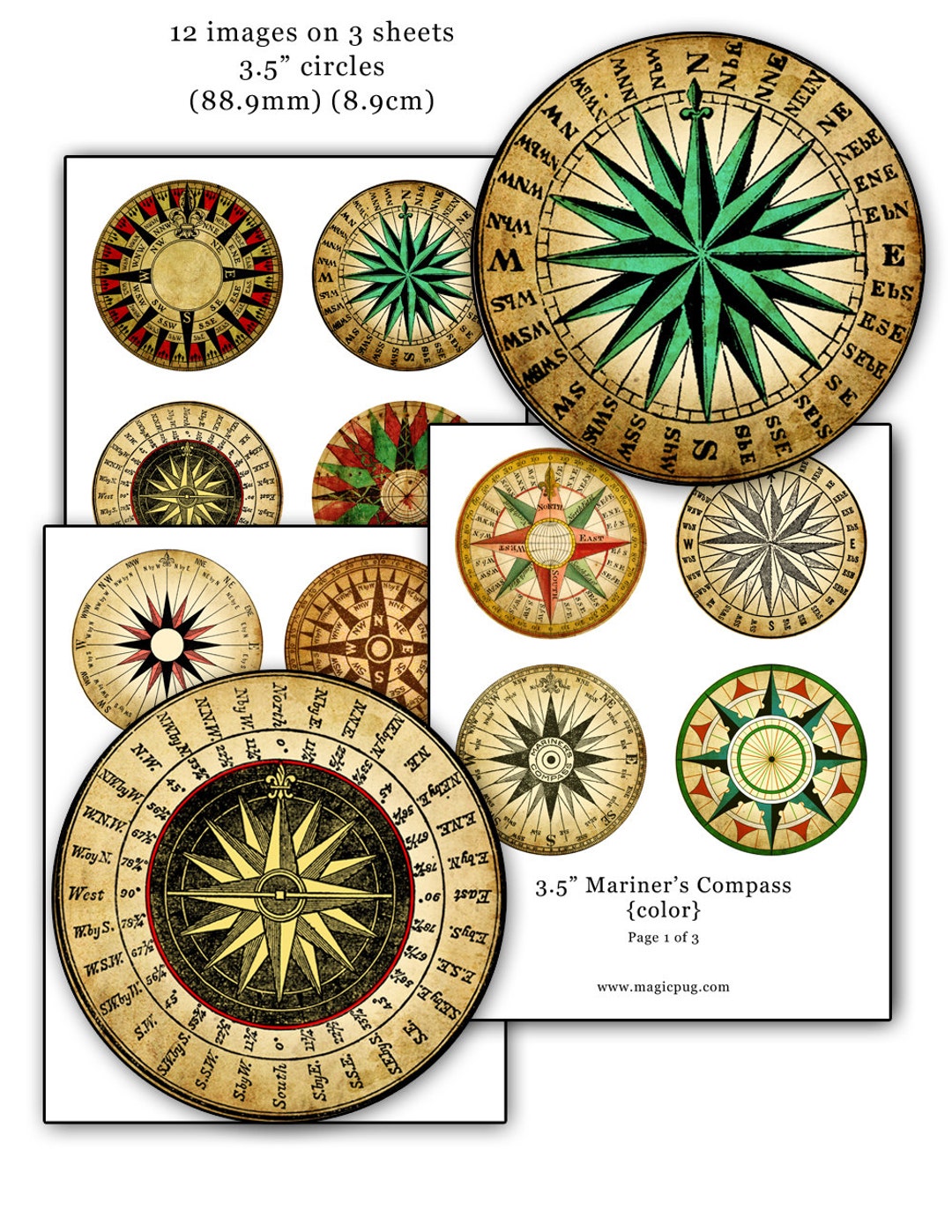 Mariner's Rose Compass Color Digital Collage Sheet 3.5 Inch Circle 88 ...