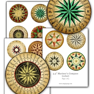 Mariner's Rose Compass Color Digital Collage Sheet 3.5 Inch Circle 88 ...
