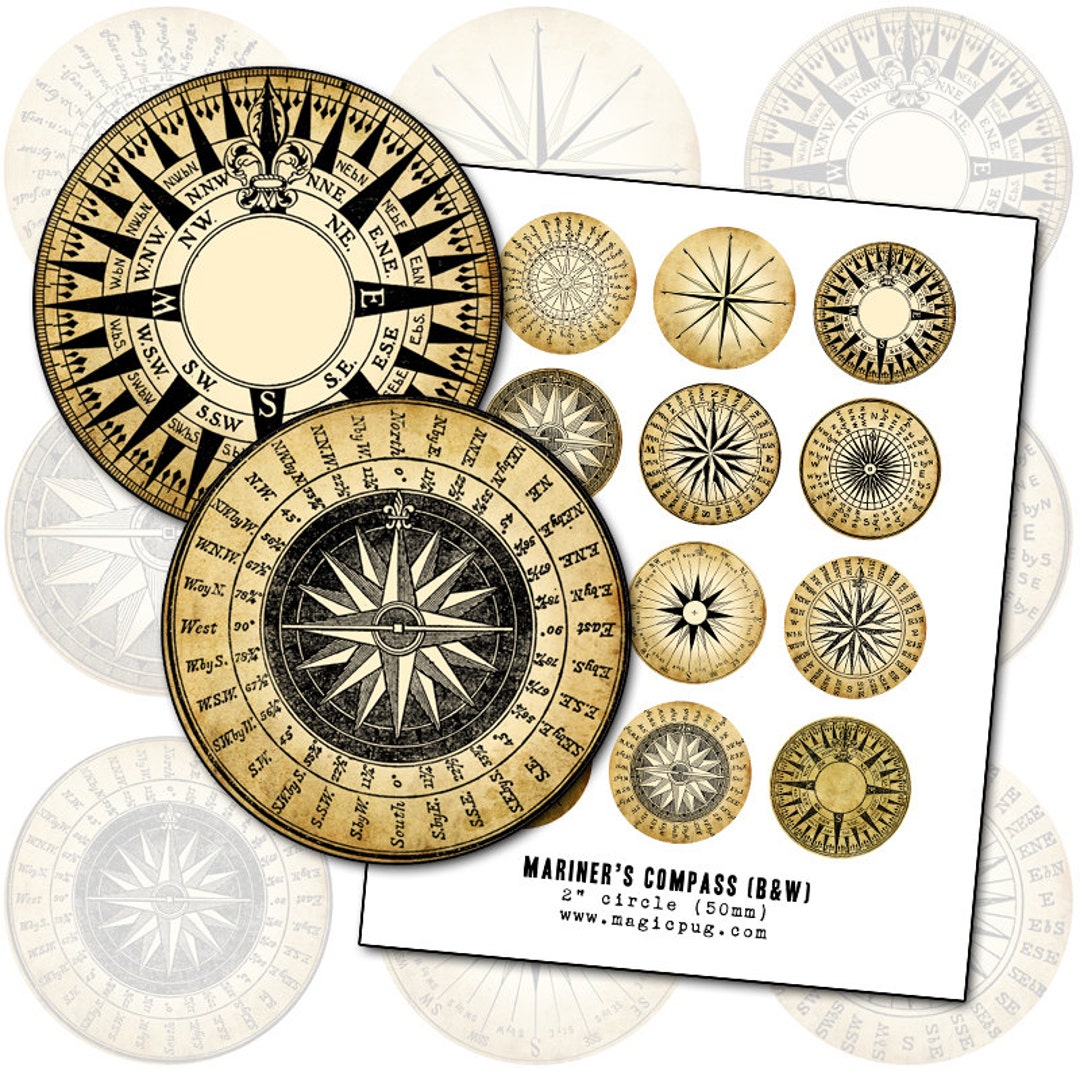 Mariner's Rose Compass 2" Circles: Black & White Collage Sheet (digital Download) - Etsy