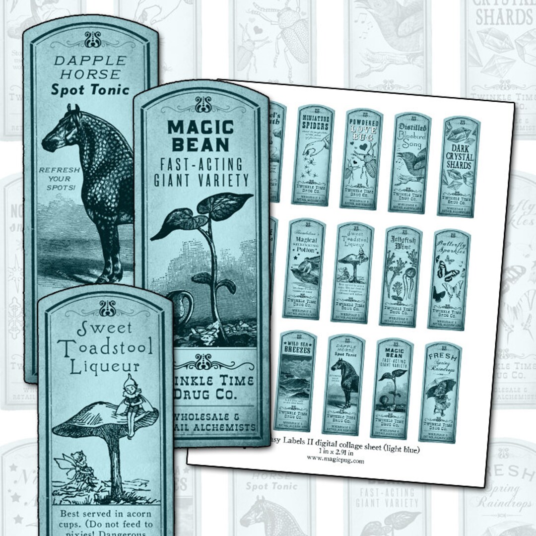 Fantasy Magic Potion Labels II BLUE Digital Collage Sheet 1x3 Dapple ...
