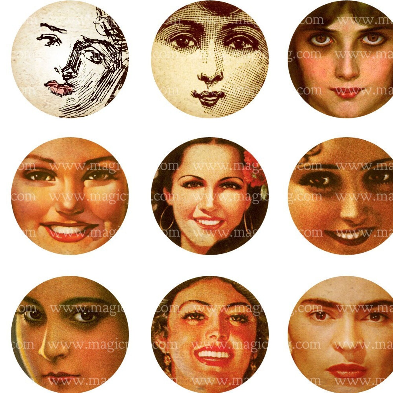 Altered Art Faces Digital Collage Sheet 1 Inch Circles | Etsy