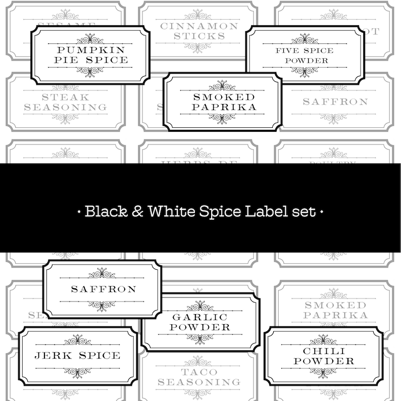 Black and White Spice Labels: Victorian Kitchen Set (digital Download ...