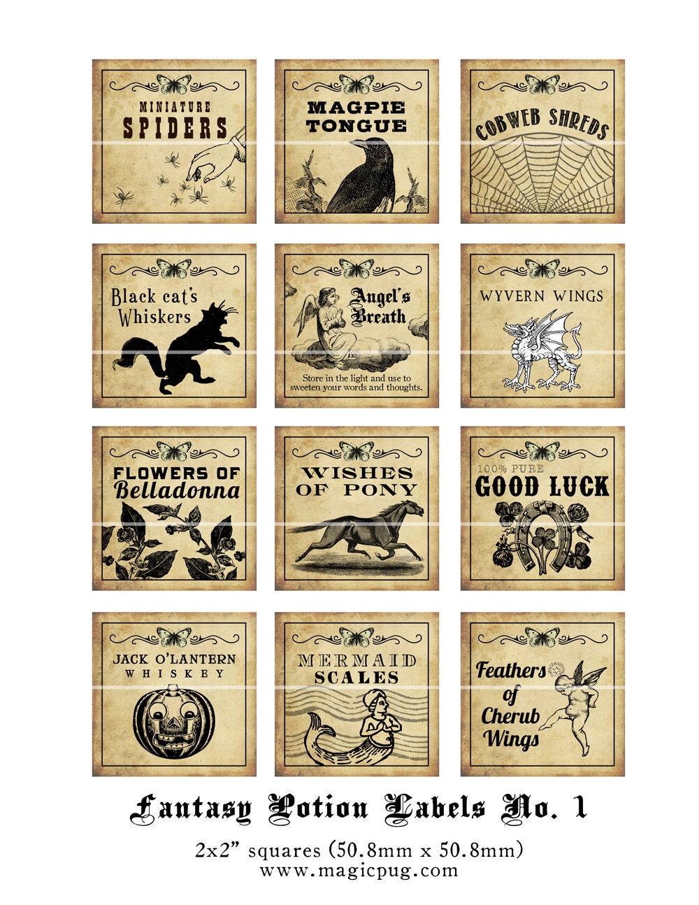 Antique Fantasy Potion Labels I 2x2 Inch Digital Collage Sheet - Etsy