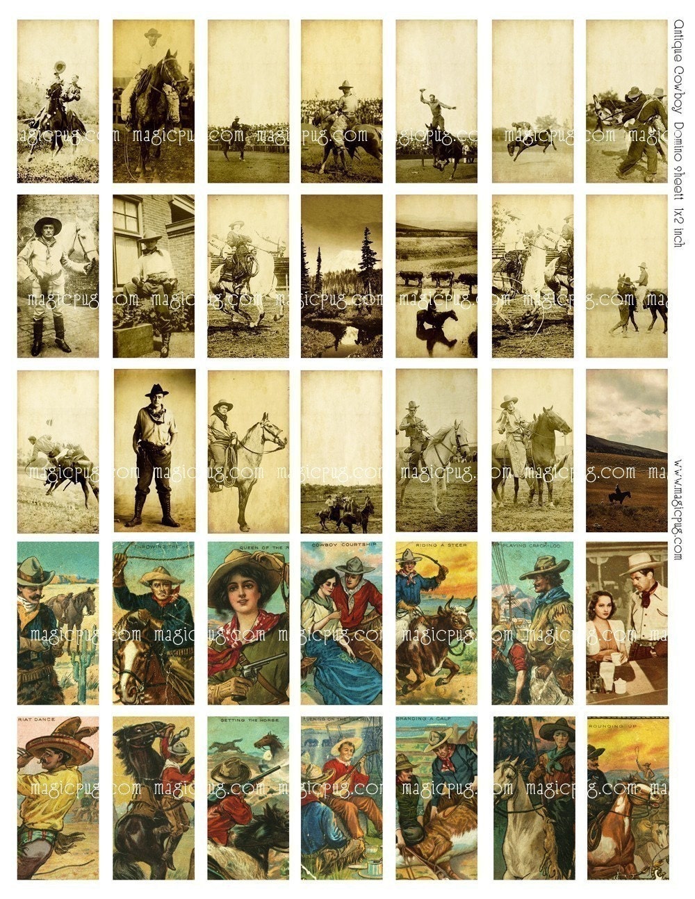 Antique Cowboy & Cowgirl Western Digital Collage Domino Sheet 1x2 25mm ...