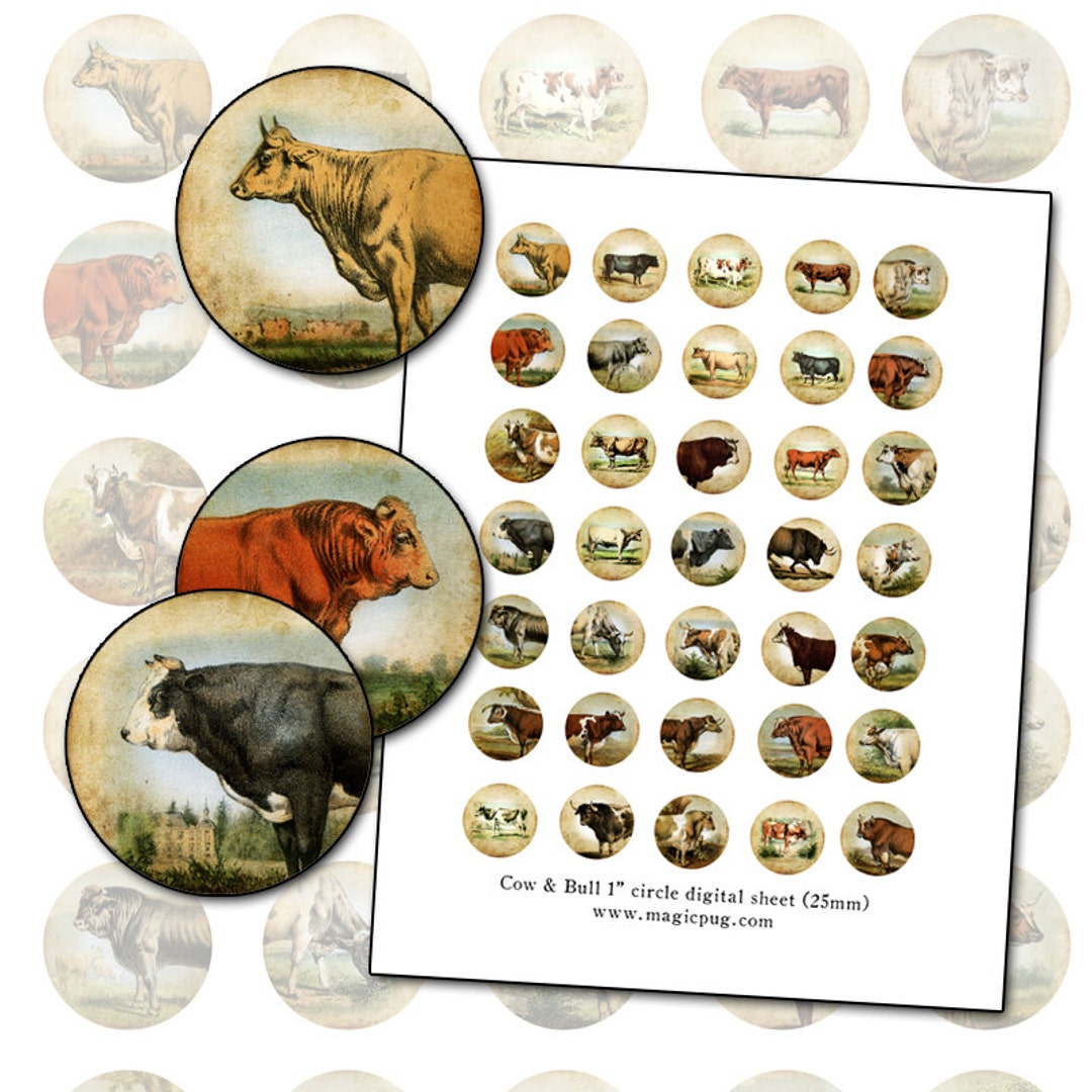 Antique Cows 1" Circle Digital Collage Sheet 25mm Farm Animal Herd 25.4 ...