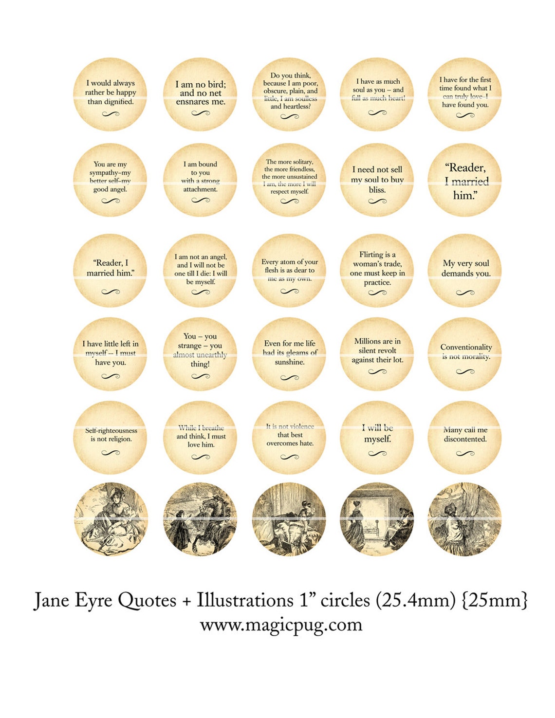 Jane Eyre Quotes and Antique Illustrations 1 Inch Circle - Etsy