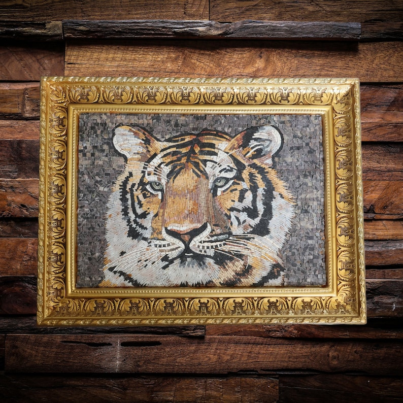 Handmade Tiger Mosaic Wall Art, Marble Granite Stone, Ornate Frame - Etsy