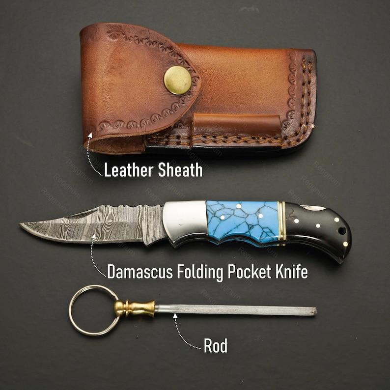 Gemstone Damascus Pocket Knife, Handmade Turquoise Stone Handle Folding ...