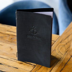 Genuine Leather Menu Cover With Elastic Band, Custom Embossed Logo - Etsy