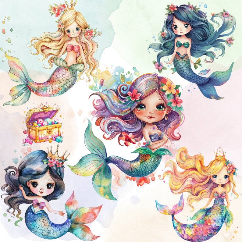 44 Cute Mermaid Clipart Bundle, Watercolor Mermaid PNG Set, Mermaid ...