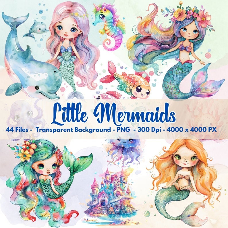 44 Cute Mermaid Clipart Bundle, Watercolor Mermaid PNG Set, Mermaid ...