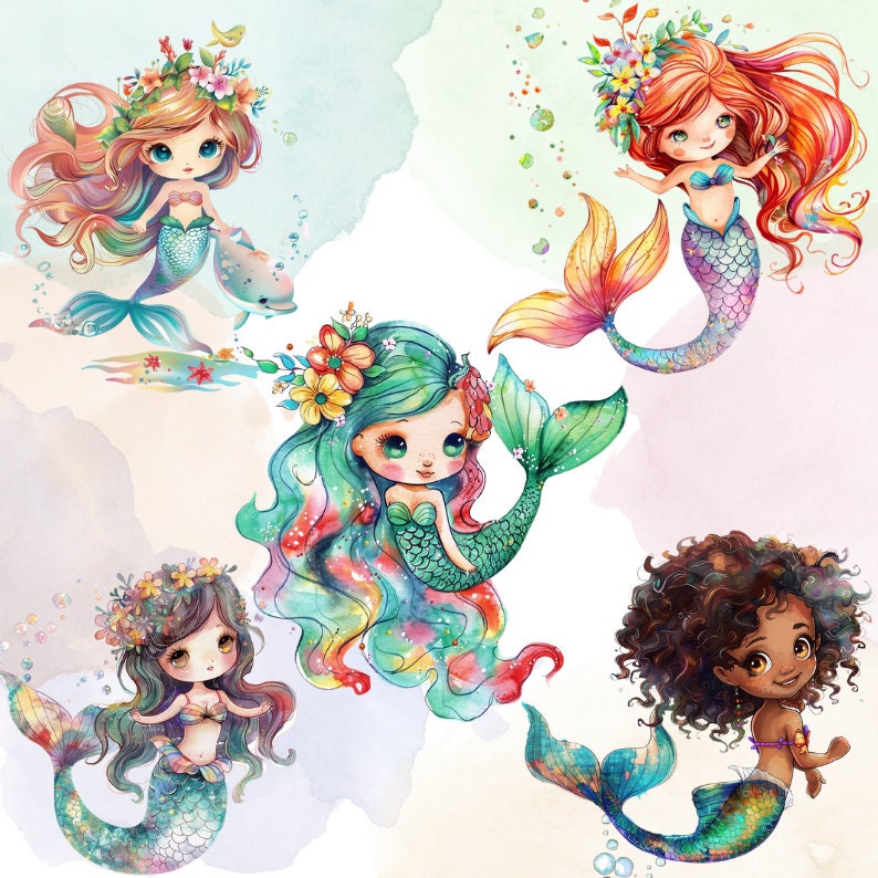 44 Cute Mermaid Clipart Bundle, Watercolor Mermaid PNG Set, Mermaid ...