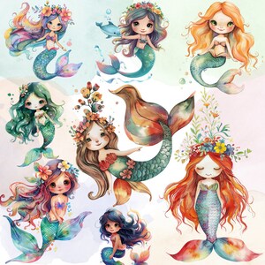 44 Cute Mermaid Clipart Bundle, Watercolor Mermaid PNG Set, Mermaid ...