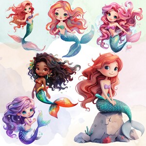44 Cute Mermaid Clipart Bundle, Watercolor Mermaid PNG Set, Mermaid ...