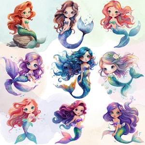 44 Cute Mermaid Clipart Bundle, Watercolor Mermaid PNG Set, Mermaid ...