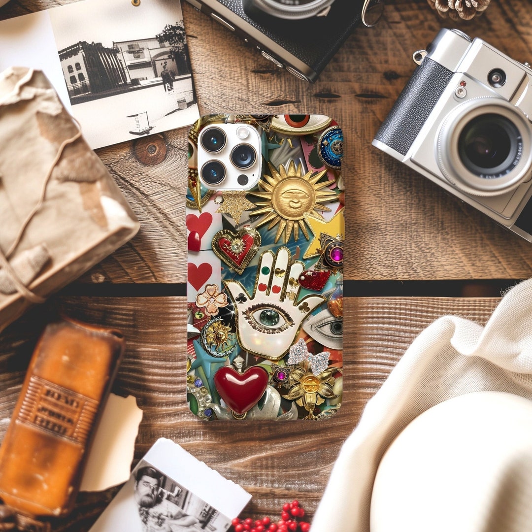 Vintage Celestial Charm Phone Case, Mosaic Evil Eye Hamsa Collage Phone ...