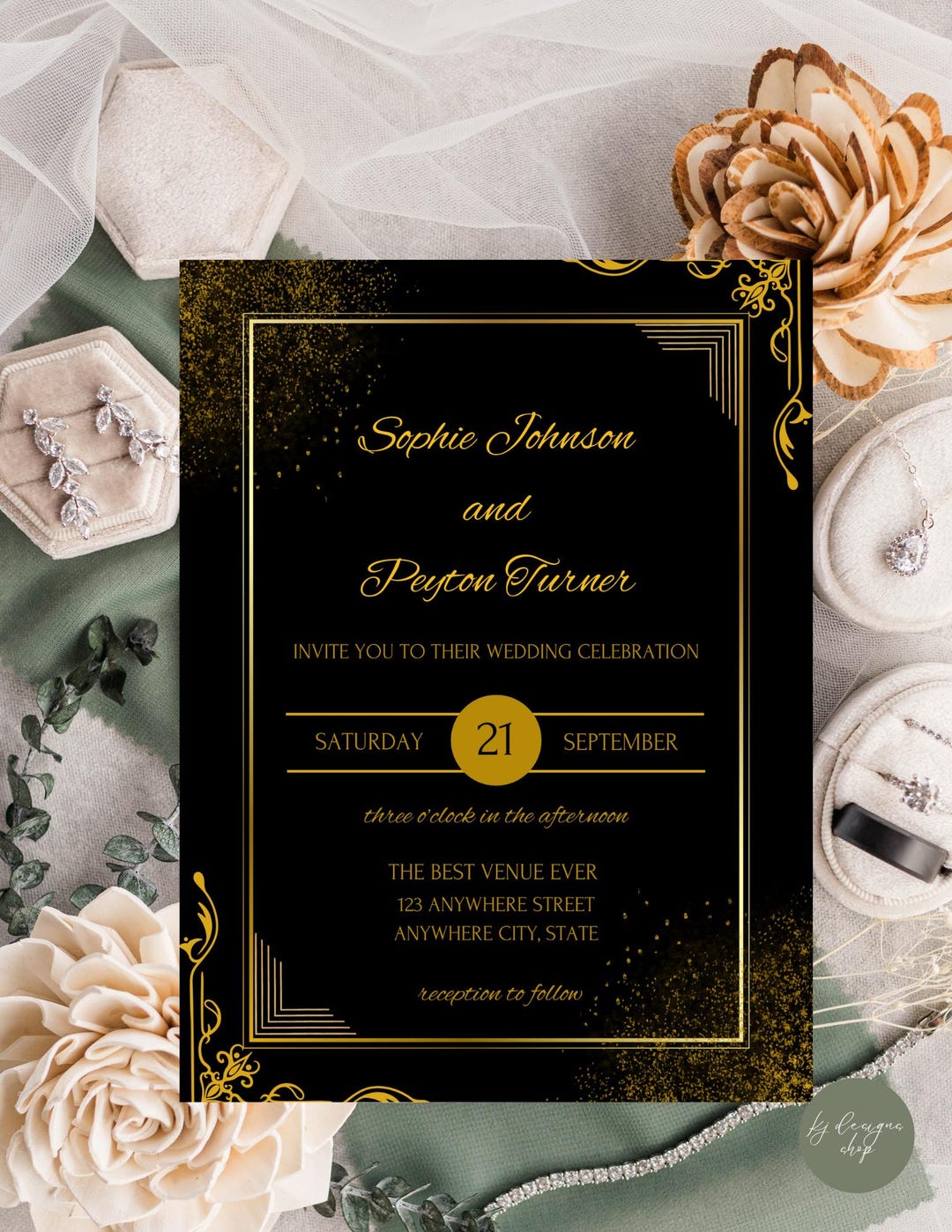 Gatsby Black and Gold Wedding Invitation QR Code, Glam Template ...