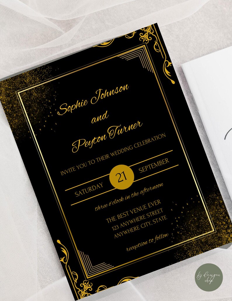 Gatsby Black and Gold Wedding Invitation QR Code, Glam Template ...