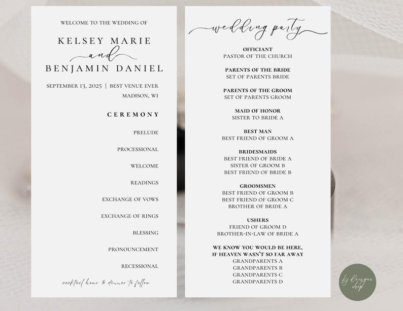 Simple Wedding Program 4x8 Black & White, Elegant Program for Wedding ...
