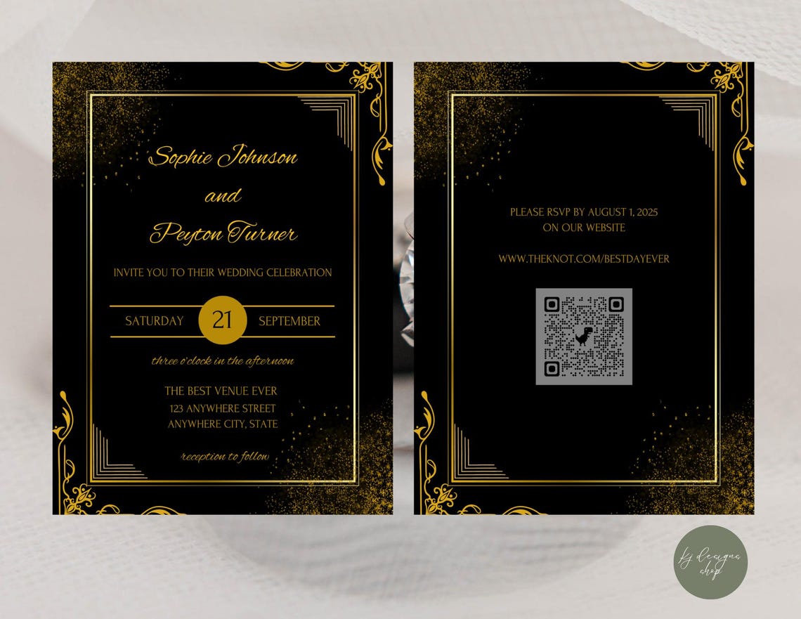 Gatsby Black and Gold Wedding Invitation QR Code, Glam Template ...