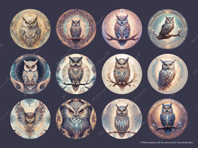 Fantasy Digital Sticker Owl Bundle 4, Circle Stickers Printable Collage ...