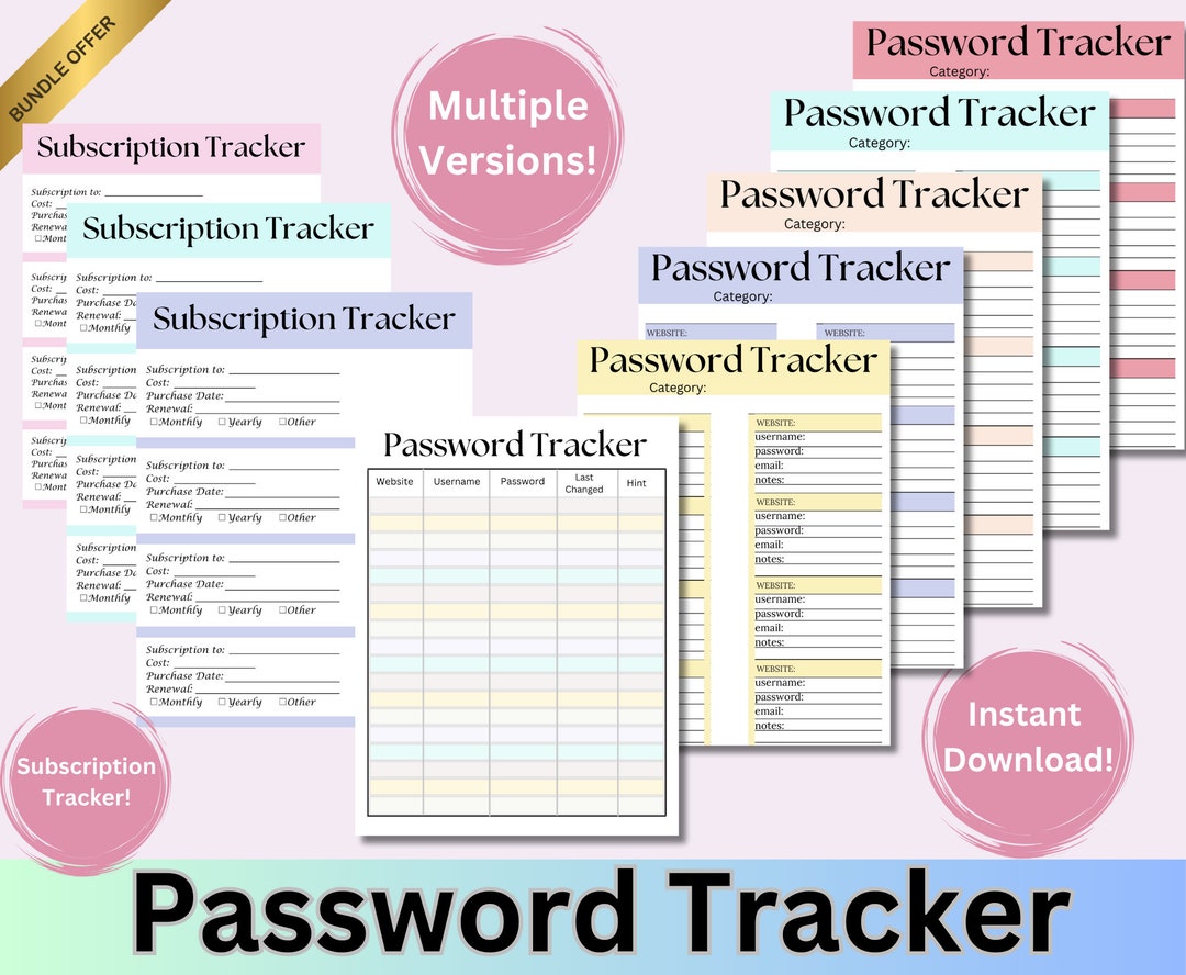 PASSWORD Form. Password List Sheet. Password Organizer. Subscription ...